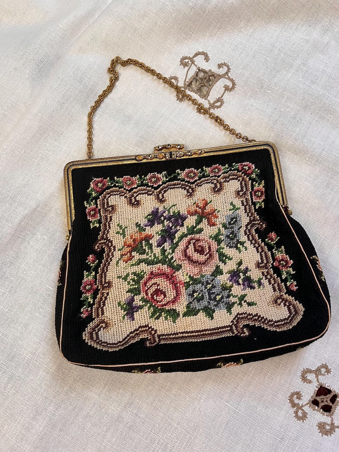 1950s Golden Frame Intricate Needlepoint Lovers Victorian Edwardian ...