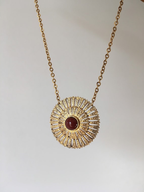 1960s Large Carved Etruscan Sunburst Pendant - Gem
