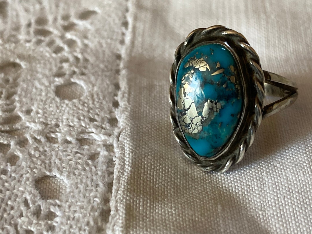 1920s Art Deco Frontier Western Gold Pyrite Vein Turquoise & Sterling ...
