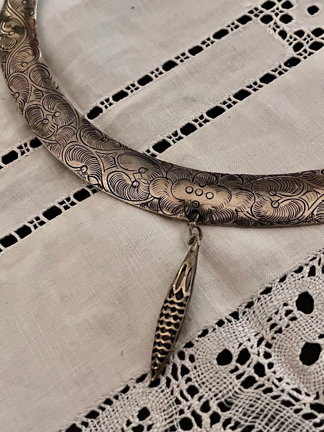 1970s Intricate Etched Hmong Tribal Silver Flower Seed Leaf Swirl Fish ...