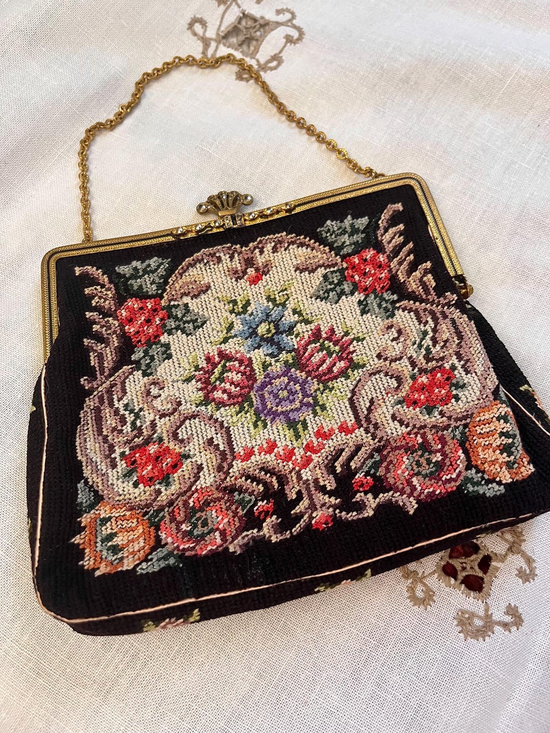 1950s Golden Frame Intricate Needlepoint Lovers Victorian Edwardian ...
