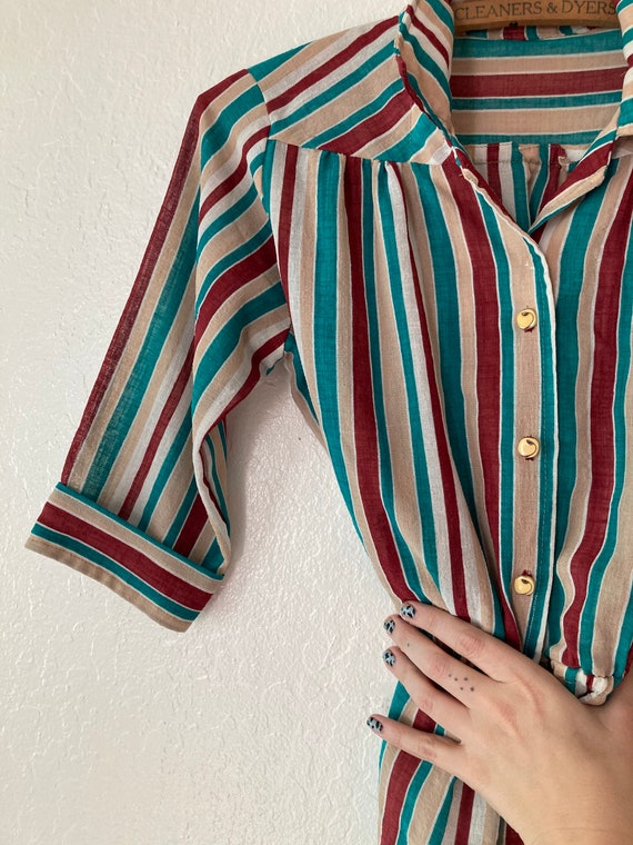 1960s Pale Pastels & Jewel Tone Stripe Shirt Dress - Gem