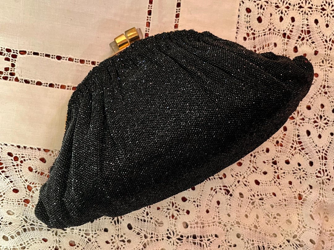 1960s Inky Black Glitter Lurex Bag Purse With Lucite Gemstone Clasp ...