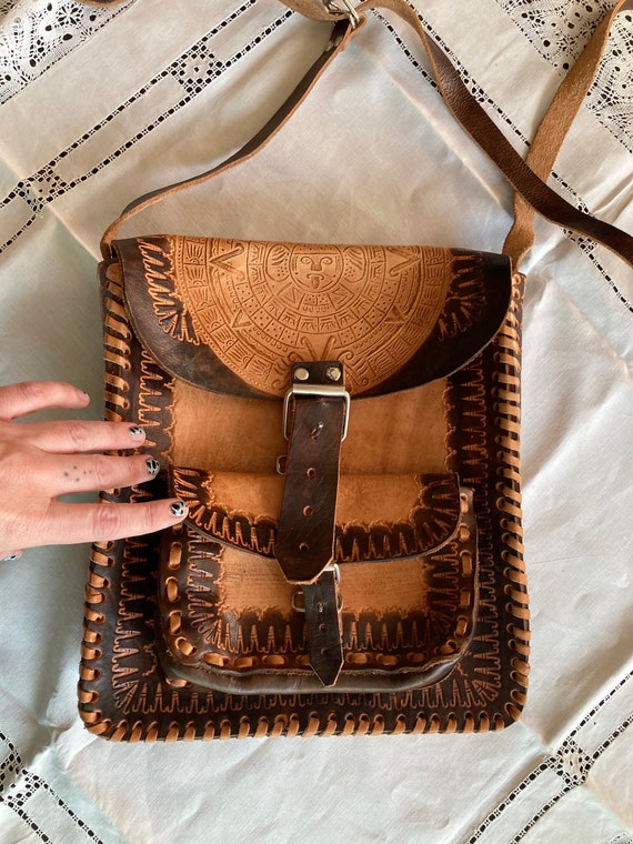 1960s Aztec Mayan Hand Tooled Leather Bohemian Festiv… - Gem