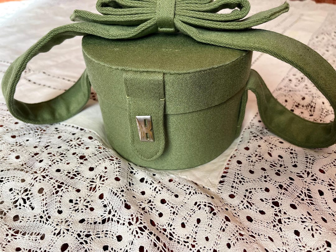1960s Sage Green Wool Hat Box Bag With Bow & Monogram Metal Pendant ...
