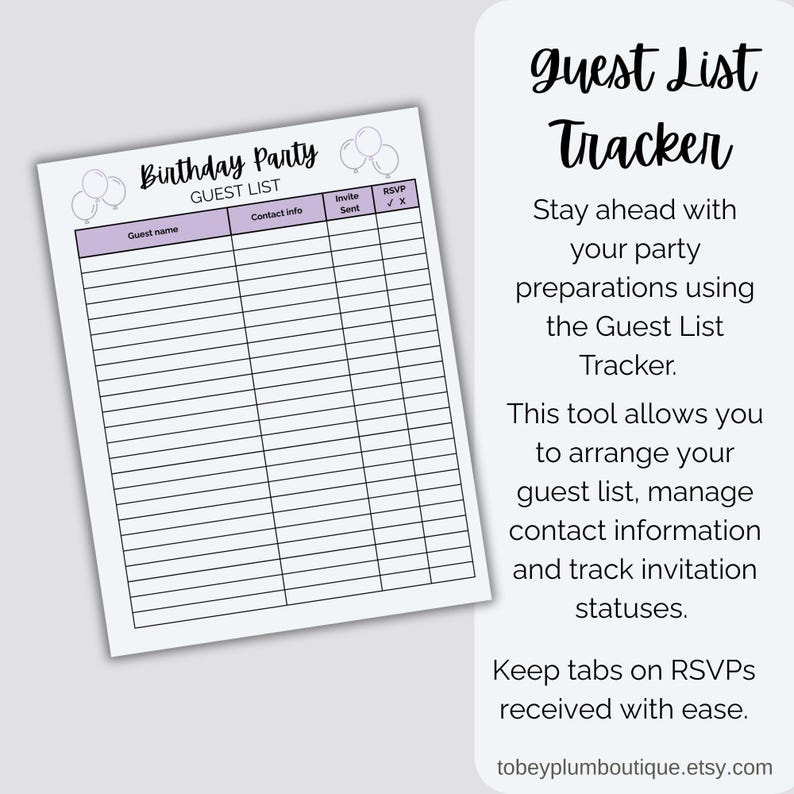 Printable Guest Tracker Digital Template Wedding Planner Party ...