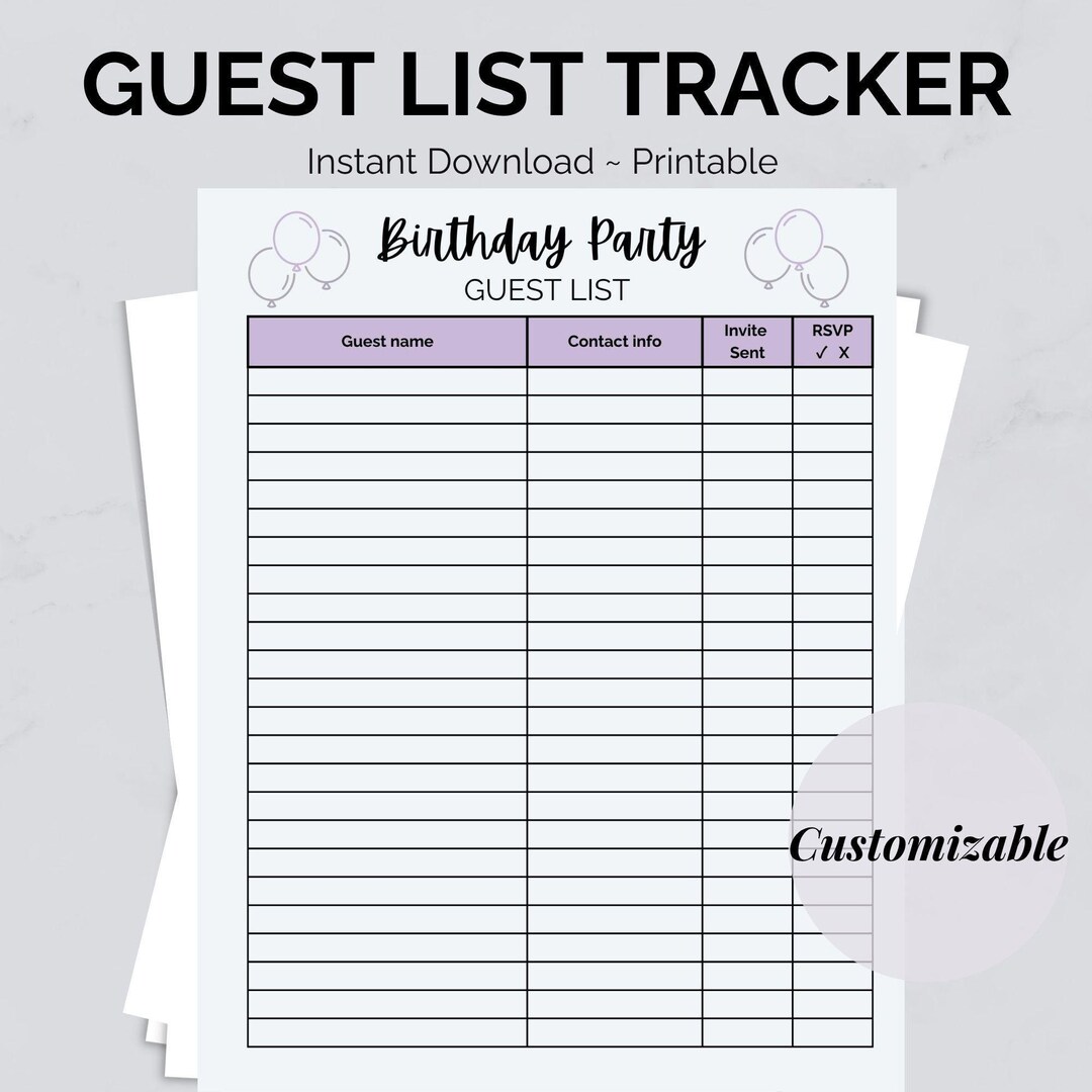 Printable Guest Tracker Digital Template Wedding Planner Party ...