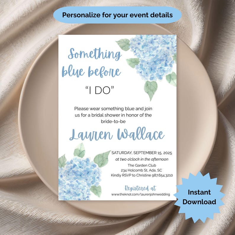 Blue Hydrangea Invitation Template Design Digital Download Wedding ...