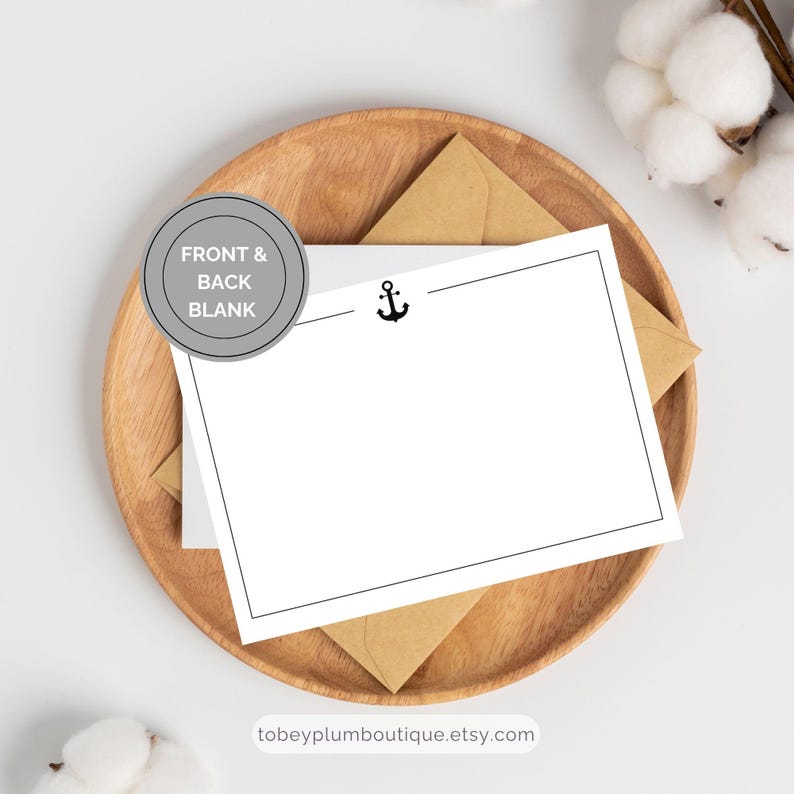 Nautical Thank You Note Card Blank Template Printable Design Anchor ...