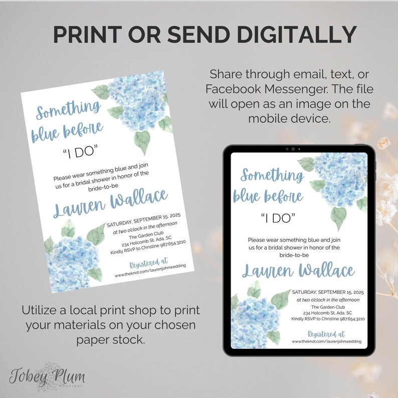 Blue Hydrangea Invitation Template Design Digital Download Wedding ...