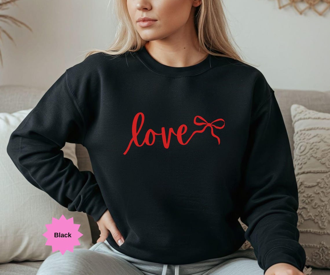 Love Script Sweatshirt Cotton Blend Pullover Cute Design Bow Crewneck ...