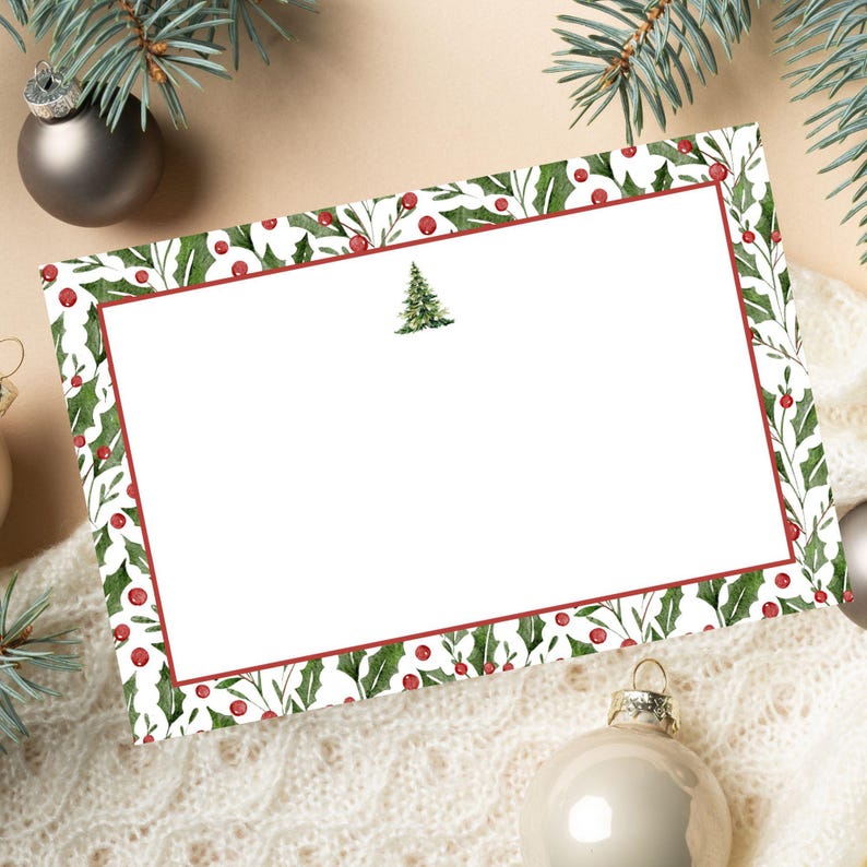 Christmas Holly Notecard Blank Design Holiday Stationery Printable ...