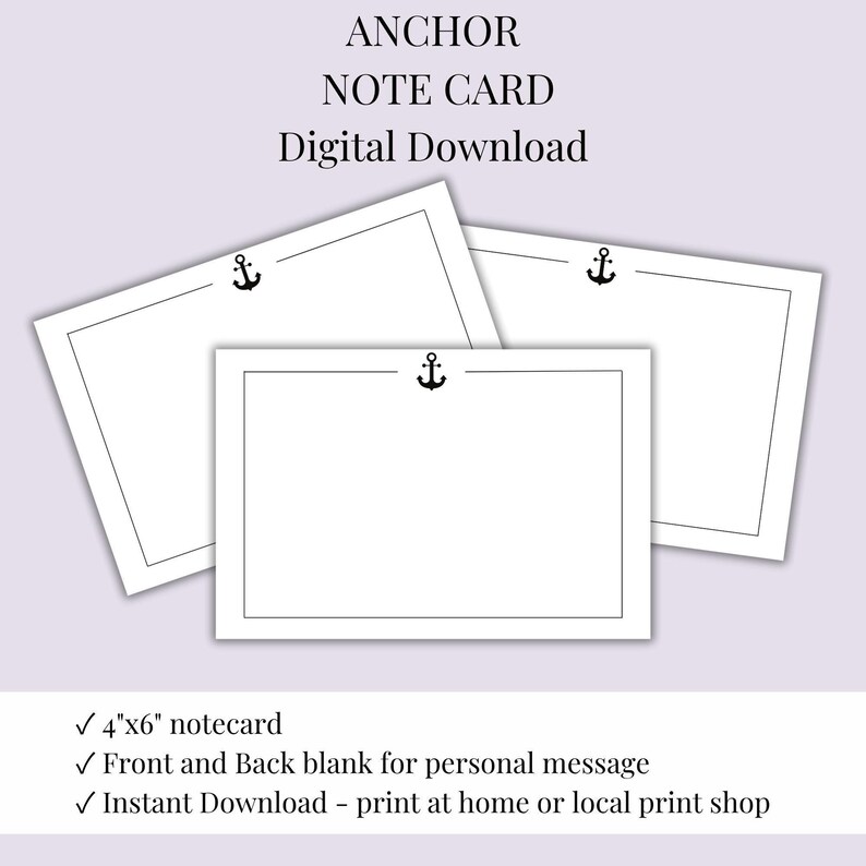 Nautical Thank You Note Card Blank Template Printable Design Anchor ...