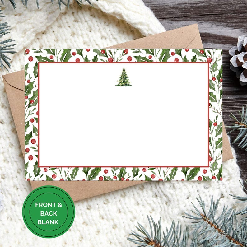 Christmas Tree Notecard Blank Design Holly Leaf Christmas Stationery ...