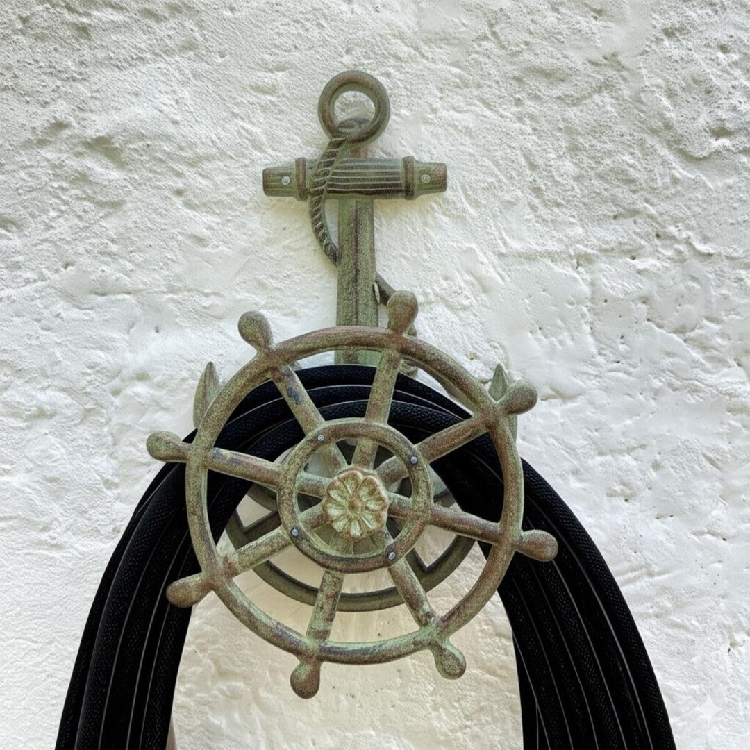 Nautical Ship Wheel Garden Hose Holder - Cast Iron Wall Mount, Green ...