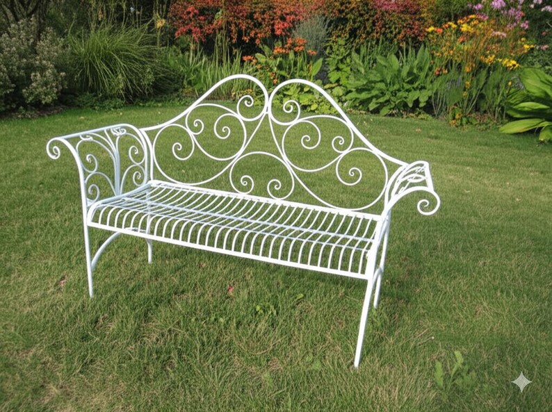 Vintage-inspired White Iron Garden Bench: Rustic Shabby Chic Outdoor ...