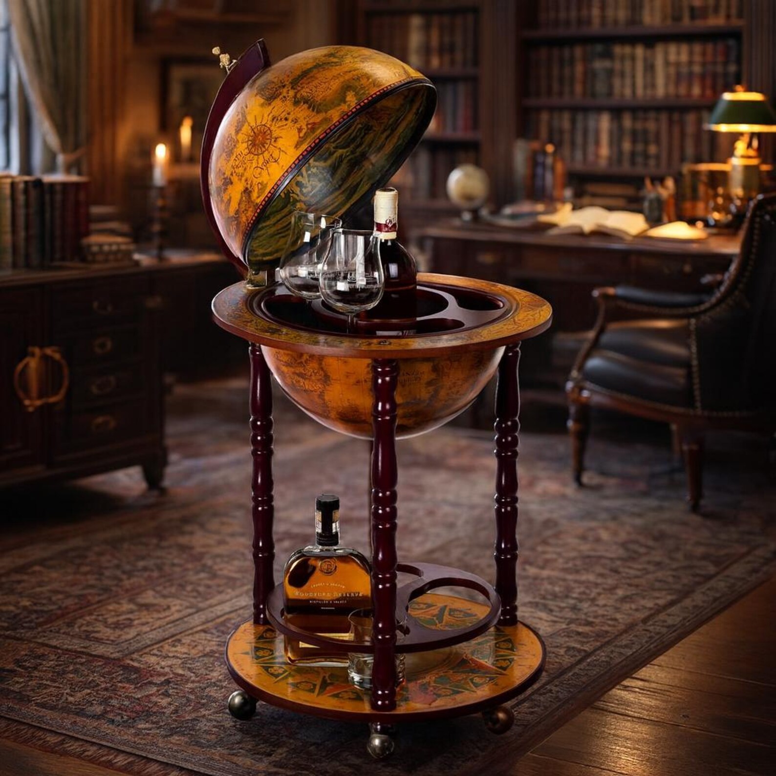 Antique Style Globe Bar Trolley With Eucalyptus Wood Columns – Vintage ...
