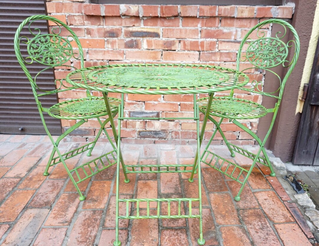 Vintage Green Cast Iron Bistro Set: Oval Garden Table & 2 Chairs ...