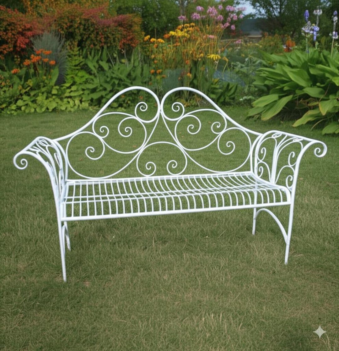 Vintage-inspired White Iron Garden Bench: Rustic Shabby Chic Outdoor ...