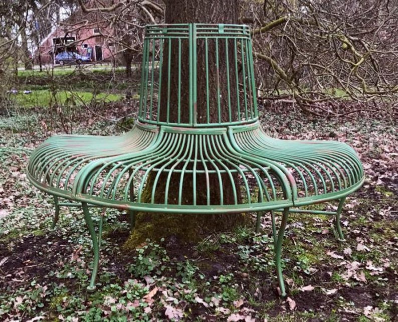 Rustic Green Semicircular Tree Bench: Vintage-inspired Metal Garden ...