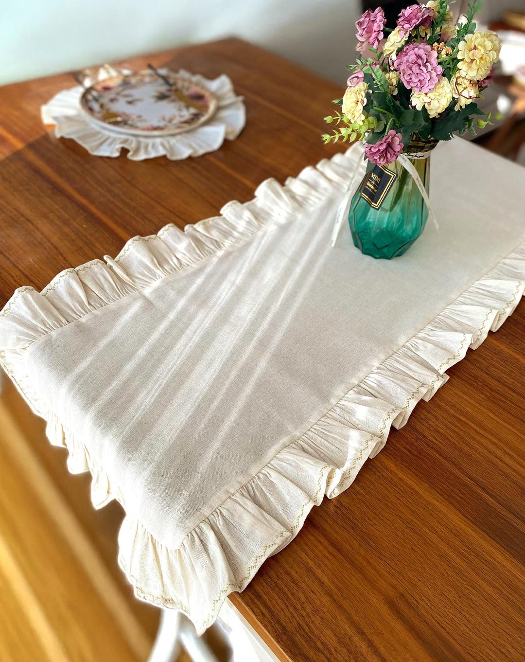 Ruffled Linen Table Runner, Wedding Tablecloth, Embroidered Edge - Etsy