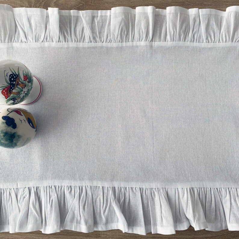 White Ruffled Linen Table Runner, Wedding Table Runner, Spring Table ...
