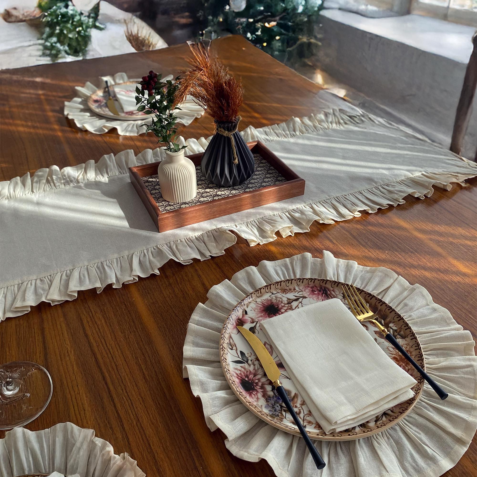 Ruffled Beige Table Runner, Boho Table Runner, Ruffled Tablecloth ...