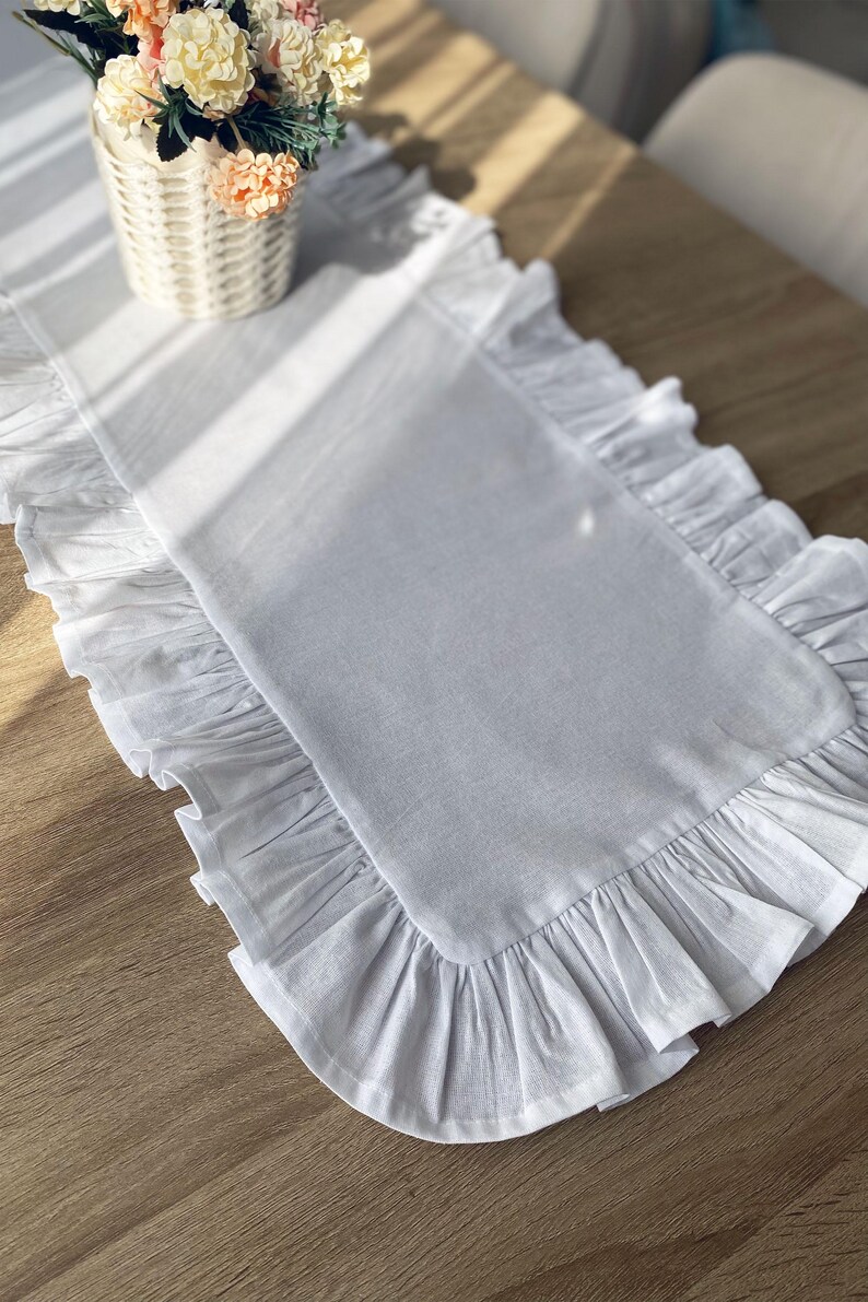 White Ruffled Linen Table Runner, Wedding Table Runner, Spring Table ...