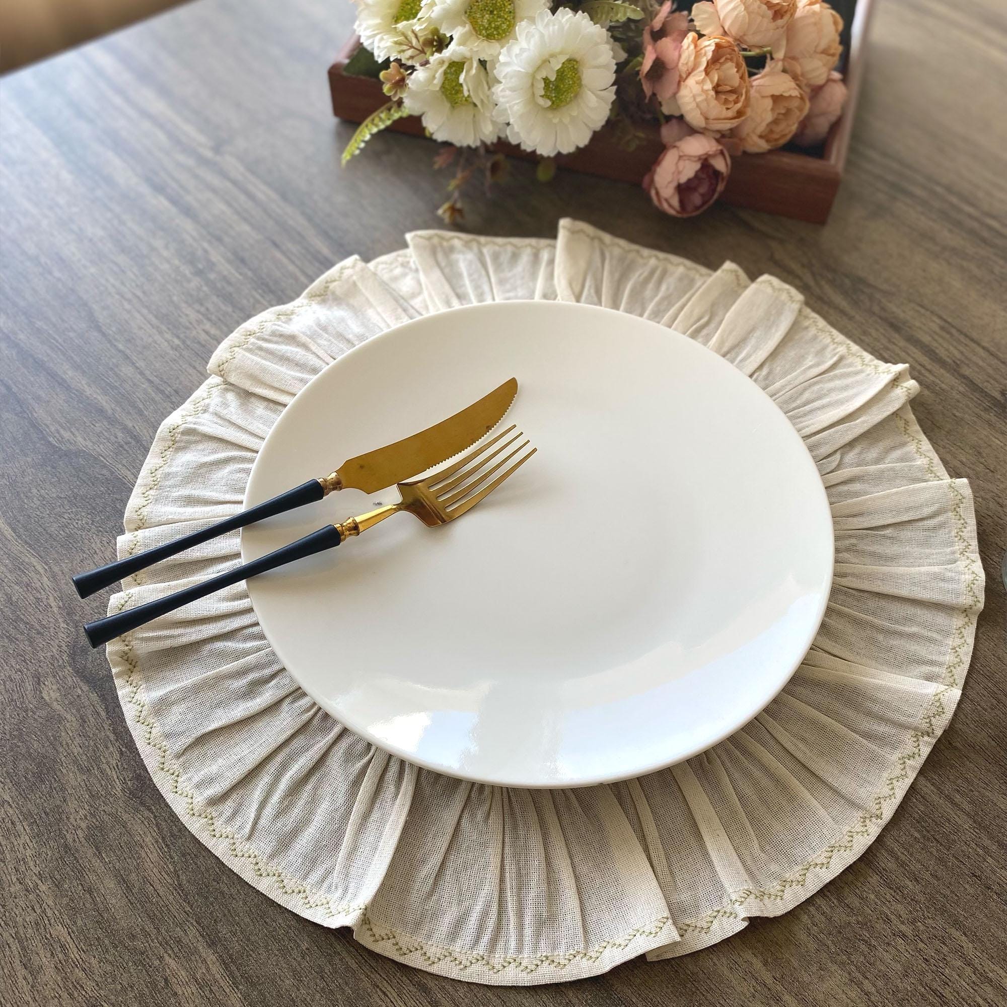 Ruffled Round Placemat Cream Linen Farmhouse, Single Ruffle Edge Table ...