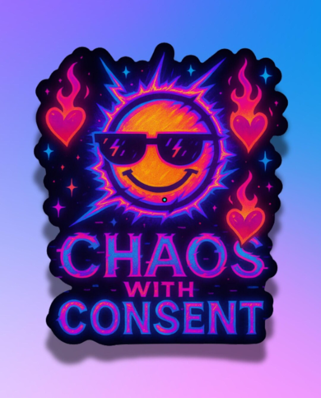 Chaos With Consent Sticker – Neon Smiley Flame Vinyl | Trippy Funny ...