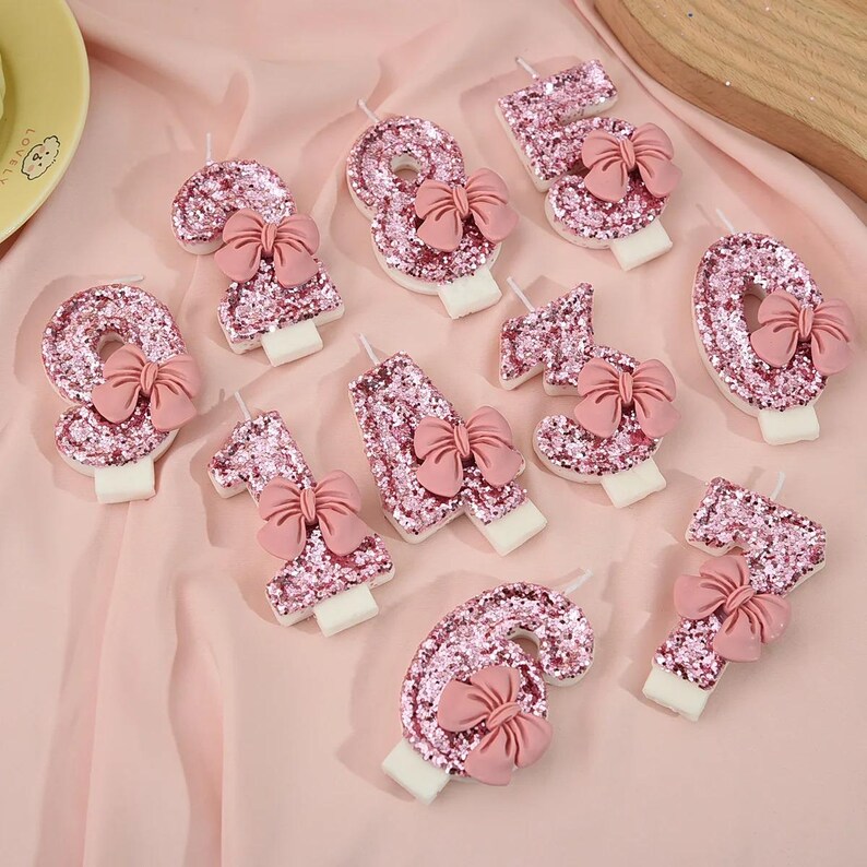 Pink Bow Color Matching Candle Creative Sequin Number Birthday Cake ...