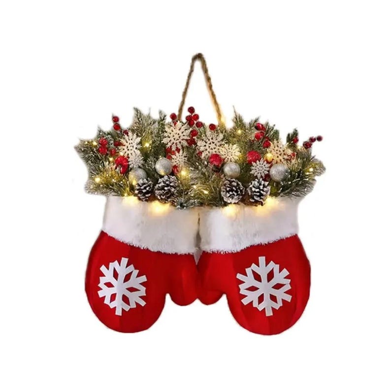 Twinkling Christmas Mitten Wreath – Artificial Berries & Pine Needles ...