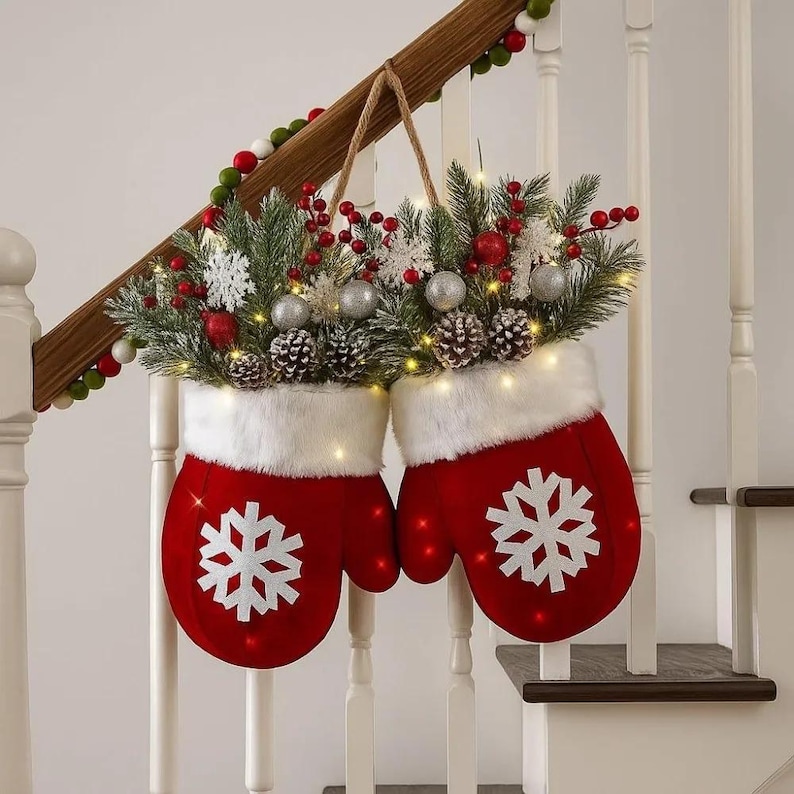Twinkling Christmas Mitten Wreath – Artificial Berries & Pine Needles ...