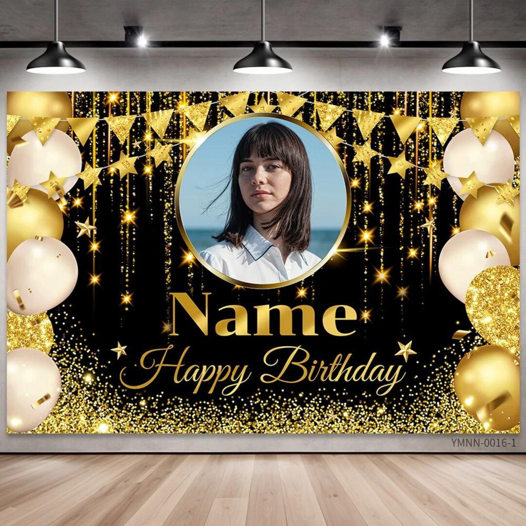 Custom Photo Name Birthday Backdrop Black and Gold Personalized Banner ...