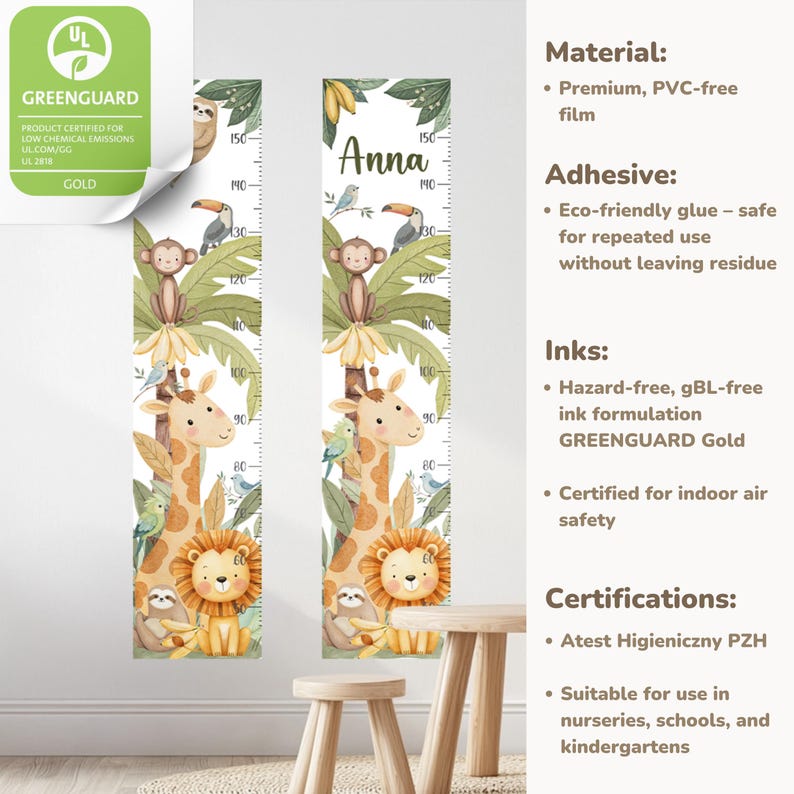 Jungle Animals Height Chart Wall Decals – Watercolor Growth Ruler With ...