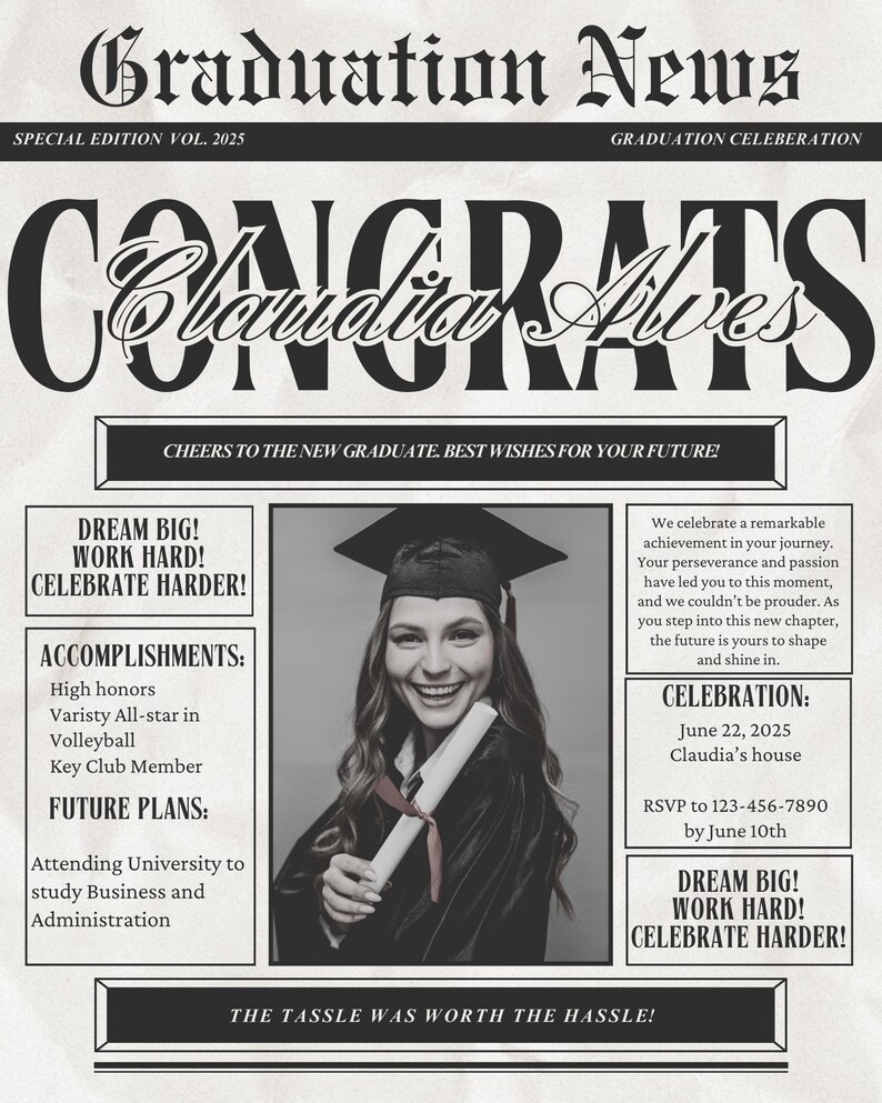 Vintage Newspaper Graduation Invitation | Editable Graduation Party ...