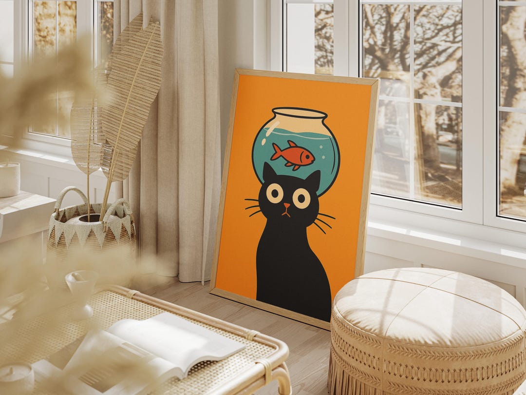 Black Cat and Fishbowl Illustration – Playful Modern Animal Art Print ...