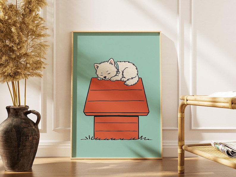 Sleeping White Puppy Doghouse Art Print – Minimalist Cartoon Nursery ...