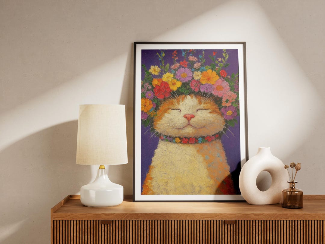 Whimsical Cat Flower Crown Art Print – Animal Illustration for Home ...