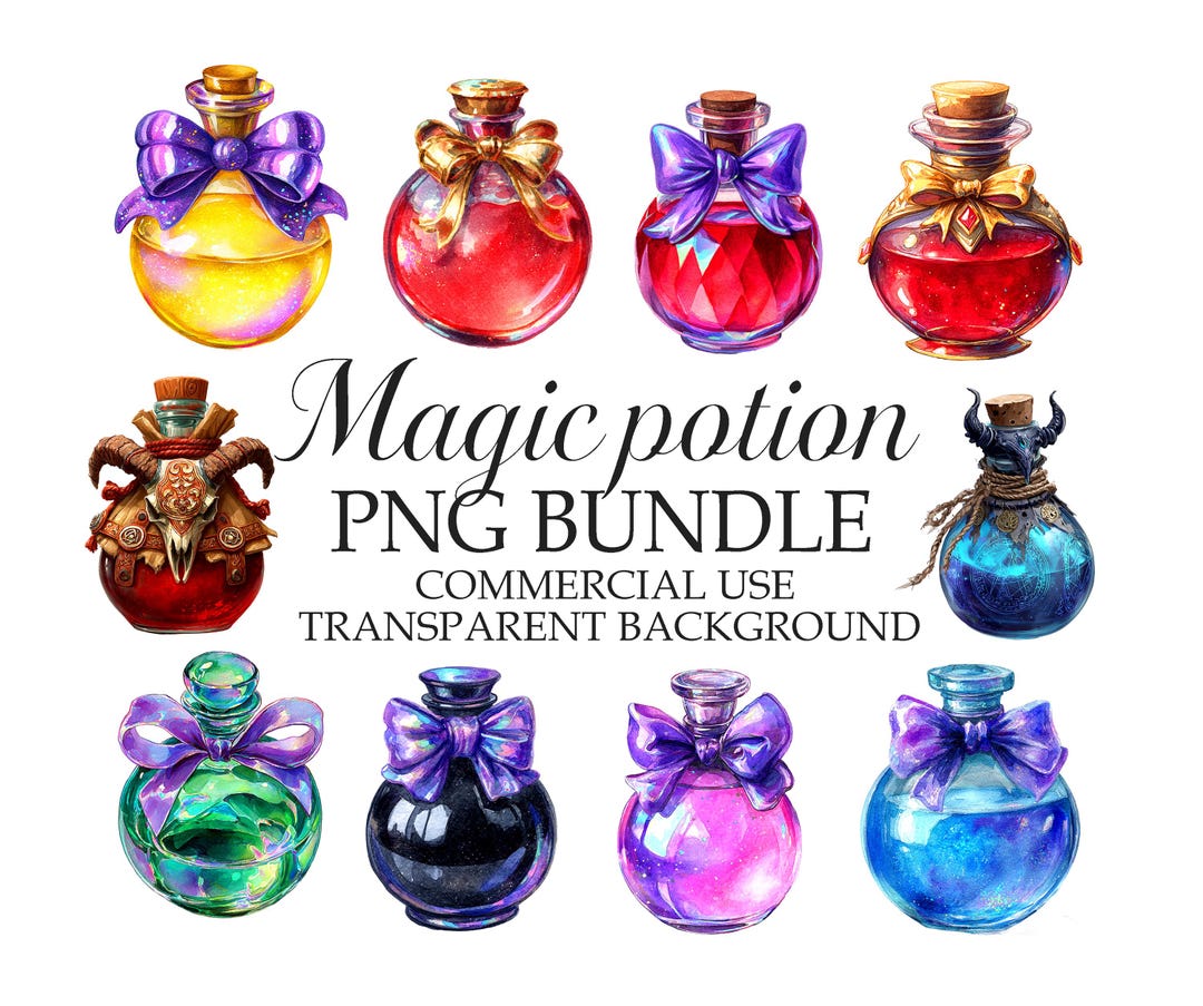 Magic Potion PNG Bundle, 24 Watercolor Fantasy Potion Bottles Clipart ...