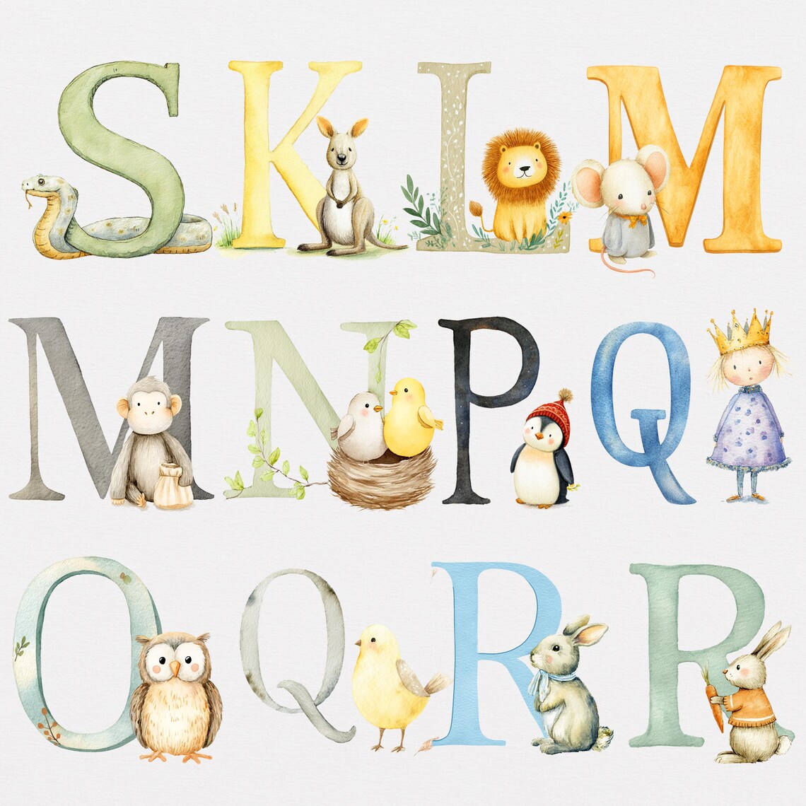 Watercolor Animal Alphabet PNG Clipart: Montessori Letters (digital ...