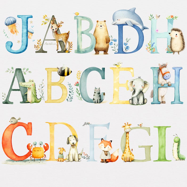 Watercolor Animal Alphabet PNG Clipart: Letters and Animals Montessori ...