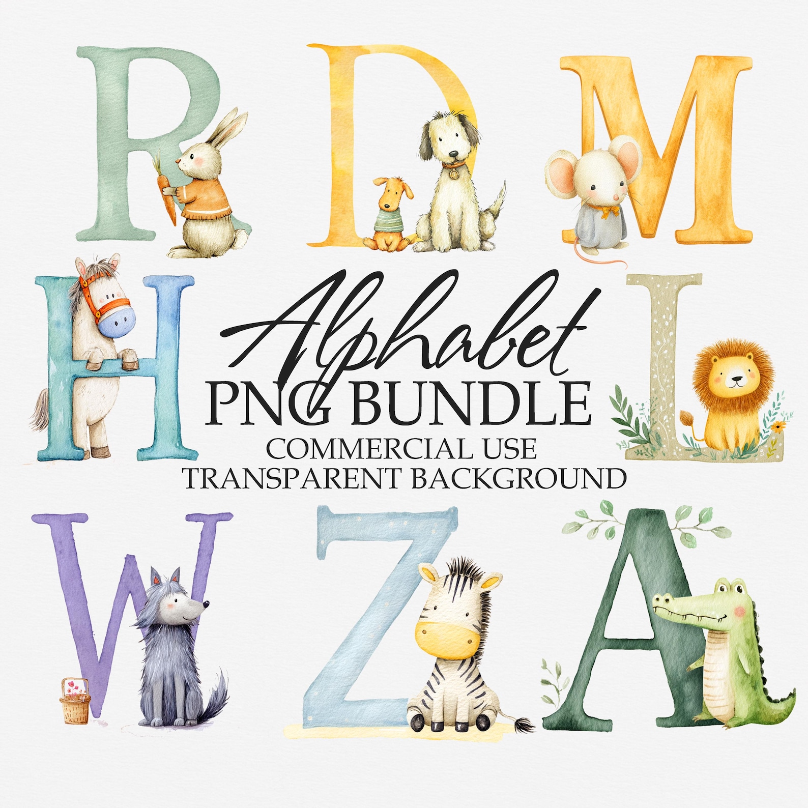 Watercolor Animal Alphabet PNG Clipart: Montessori Letters (digital ...