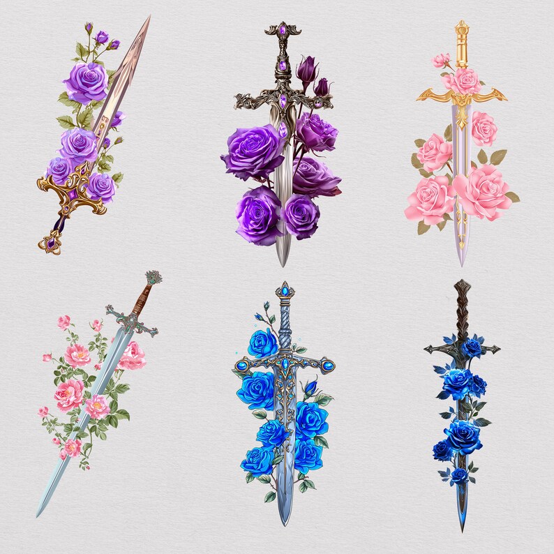 Floral Sword Png Clipart Bundle, Fantasy Sword With Flowers, Gothic ...