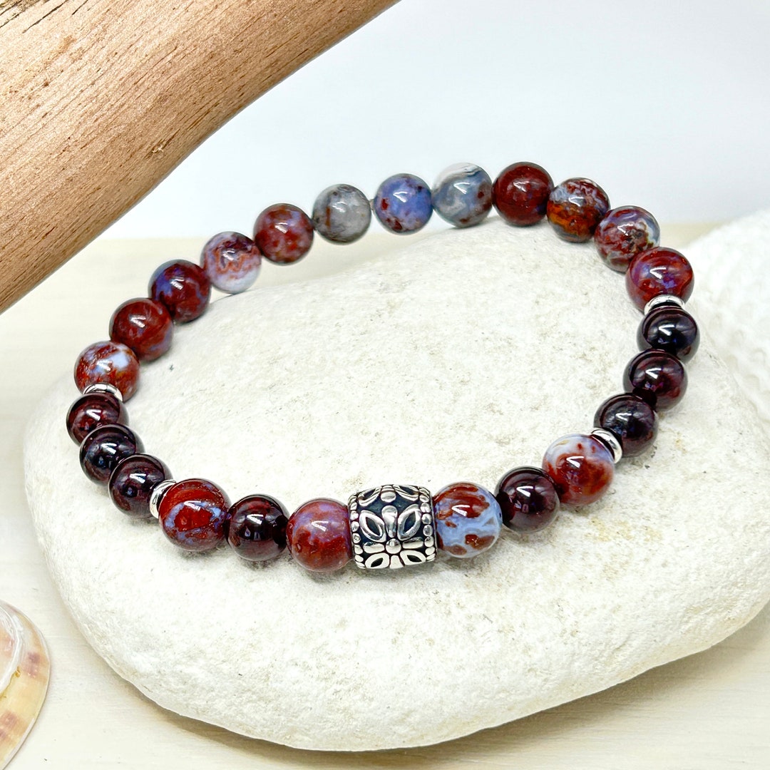 Red Wine Garnet & Crazy Lace Agate Bracelet: Unisex Gemstone Beaded ...