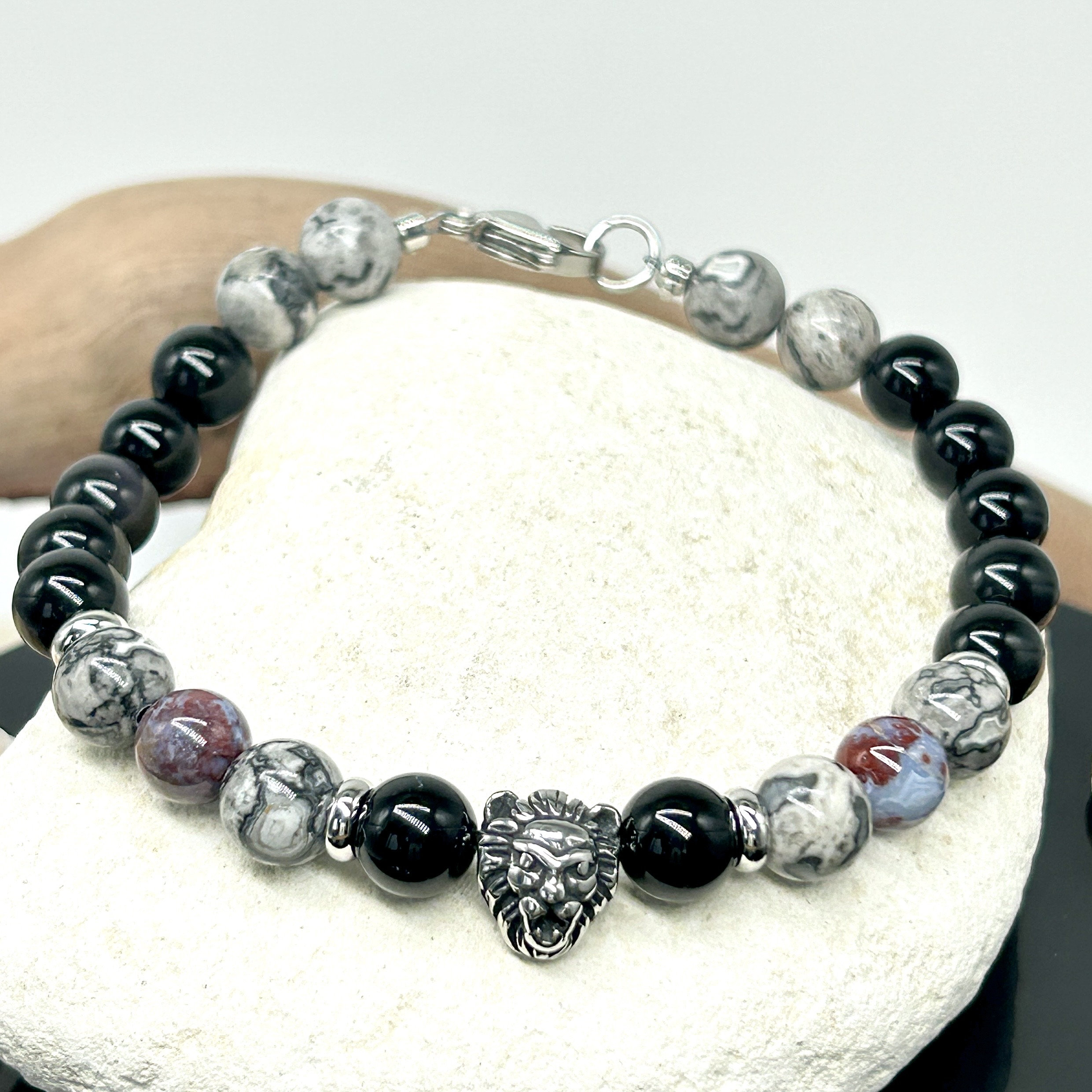 Black Tourmaline Beaded Bracelet: Map Jasper, Crazy Lace Agate ...