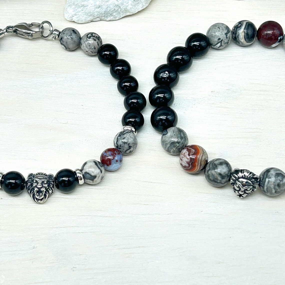 Black Tourmaline Beaded Bracelet: Map Jasper, Crazy Lace Agate ...