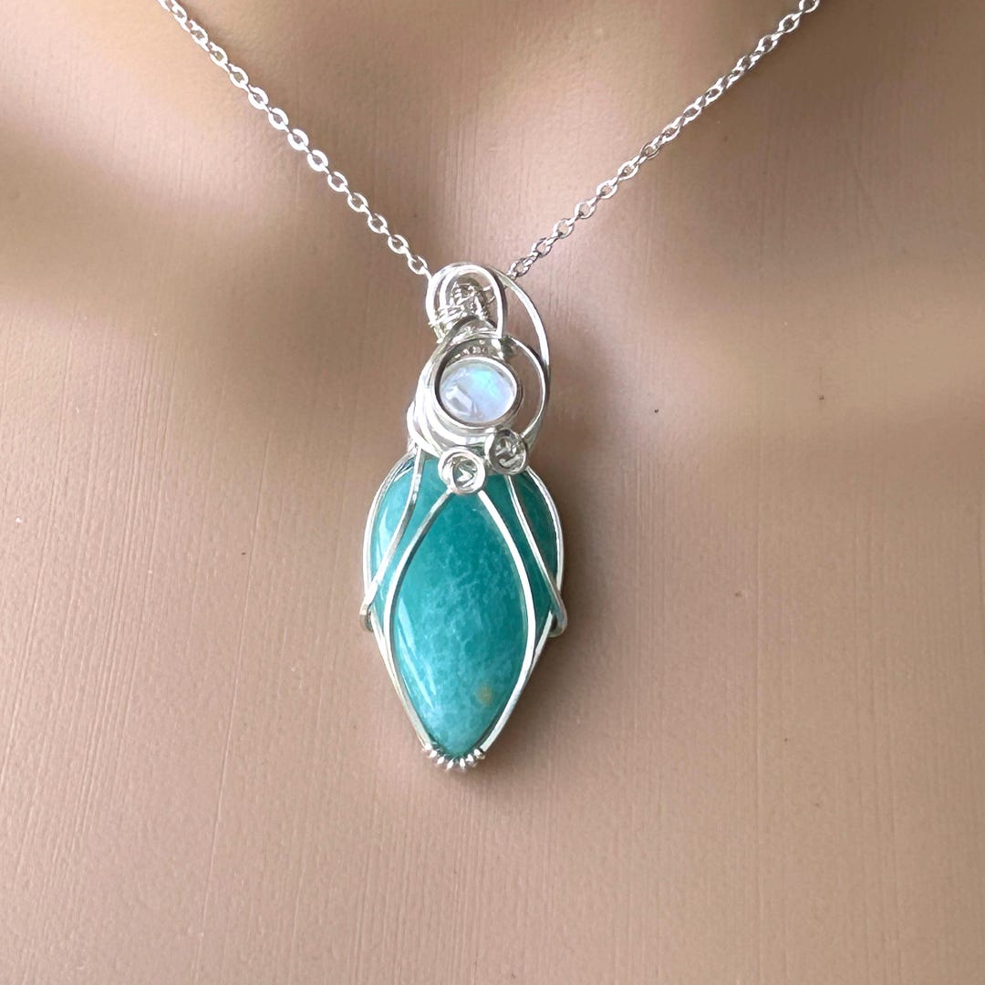 Shimmery Amazonite Pendant: Rainbow Moonstone, Sterling Silver Wire ...