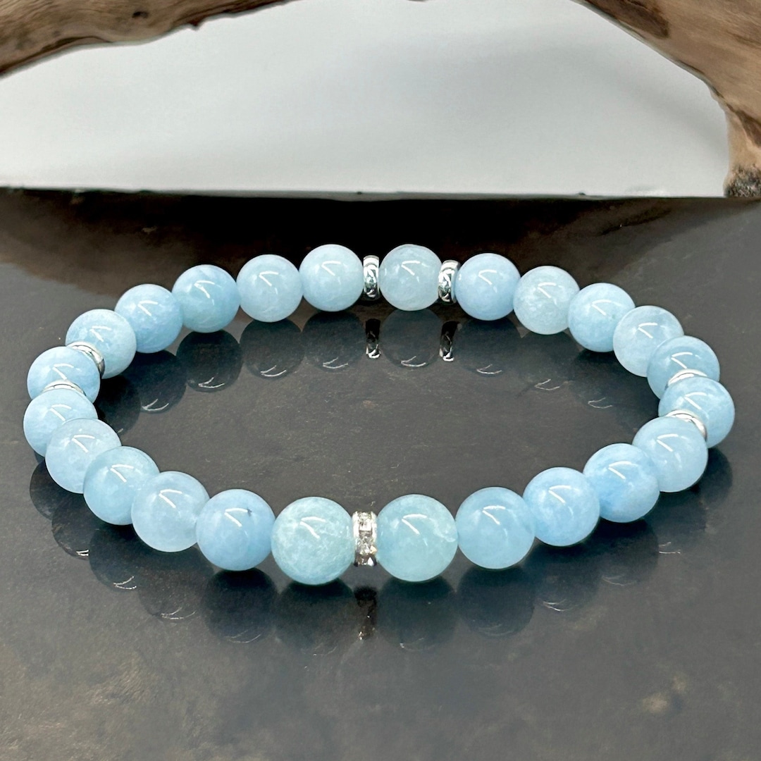 AAAAA Aquamarine Beaded Stretch Bracelet, 6mm, 8mm & 10mm, Custom Sizes ...