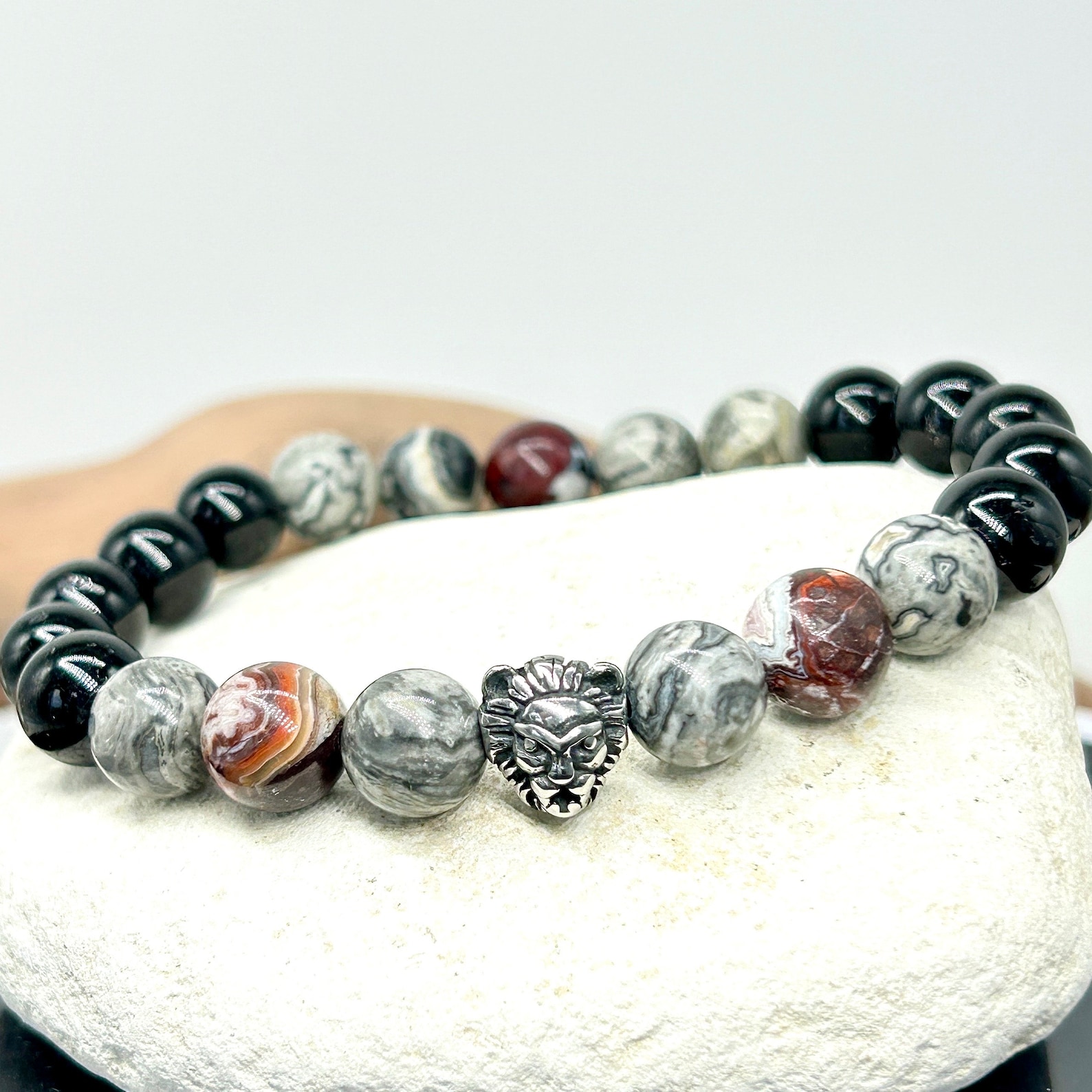 Black Tourmaline Beaded Bracelet: Map Jasper, Crazy Lace Agate ...